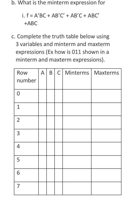 Solved b. What is the minterm expression for i. f = A'BC + | Chegg.com