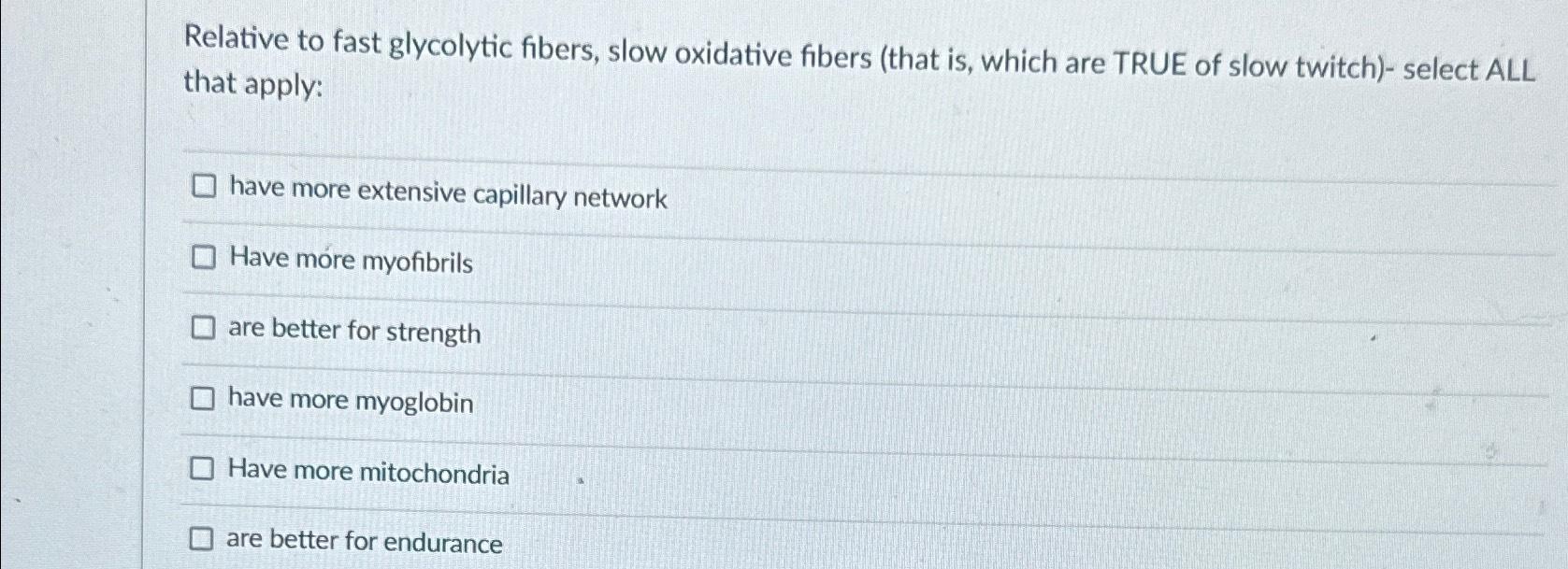 Solved Relative to fast glycolytic fibers, slow oxidative | Chegg.com