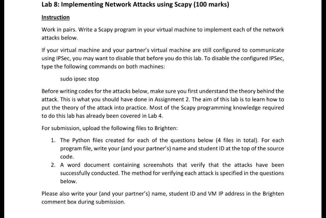 Solved Lab 8: Implementing Network Attacks using Scapy (100 | Chegg.com
