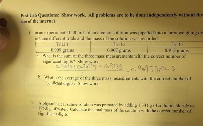 Solved Post Lab Questions: Show work. All problems are to be | Chegg.com
