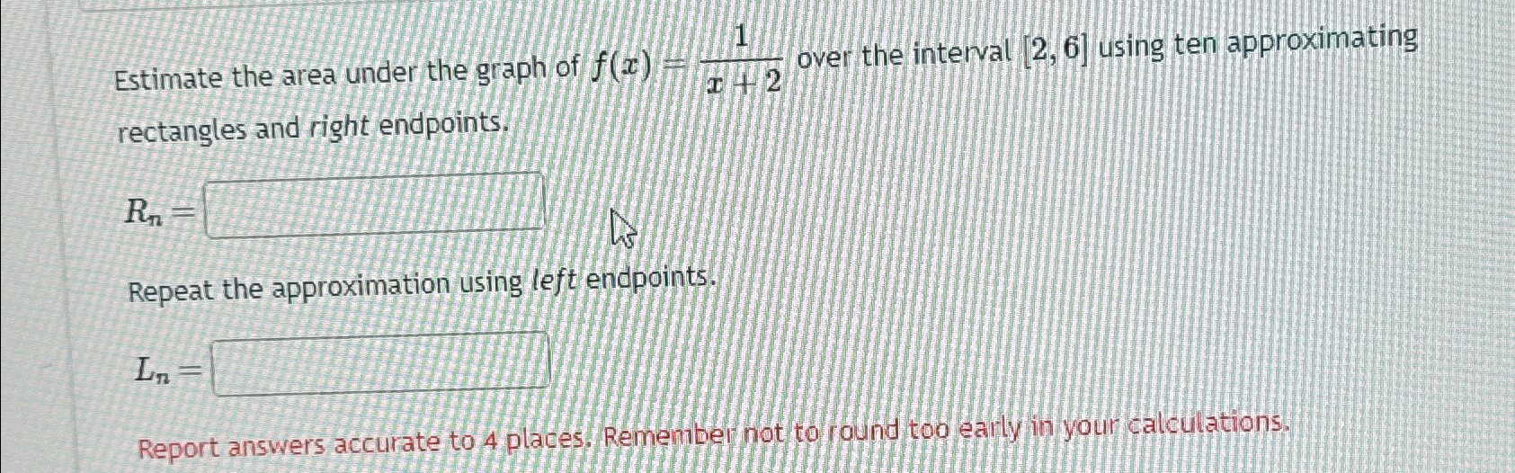 Solved Estimate the area under the graph of f(x)=1x+2 ﻿over | Chegg.com
