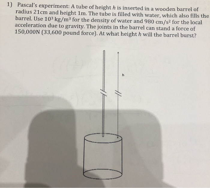 Solved 1) Pascal's experiment: A tube of height h is | Chegg.com