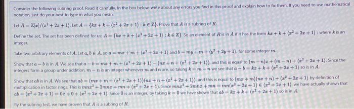 Consider the following subring proot. Read it | Chegg.com