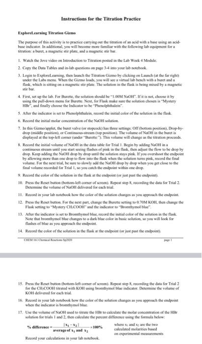 Instructions for the Titration Practice Explore | Chegg.com