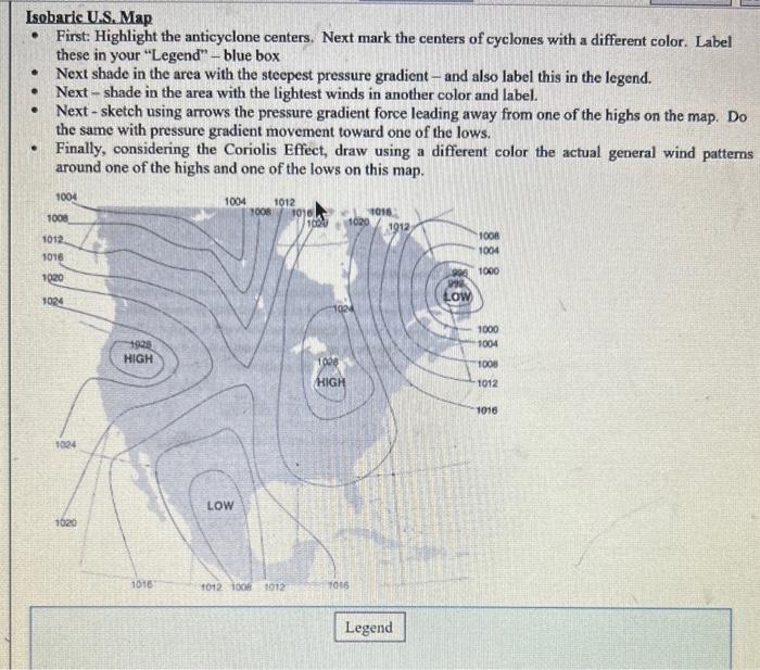 Isobaric U.S. Map - First: Highlight the anticyclone | Chegg.com
