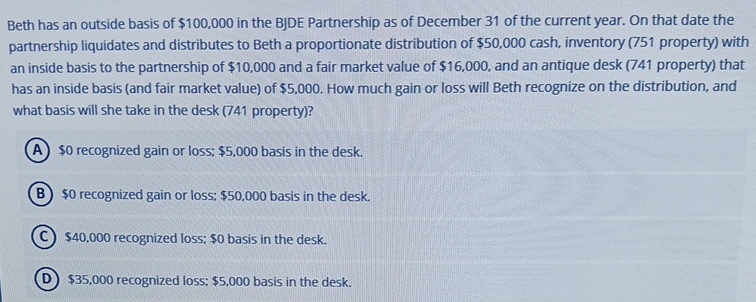 Solved Beth has an outside basis of $100,000 ﻿in the BJDE | Chegg.com