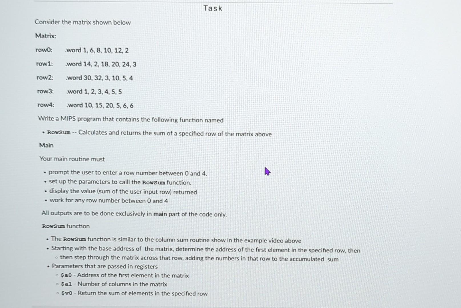 Solved Consider the matrix shown below Matrix: row0: word | Chegg.com