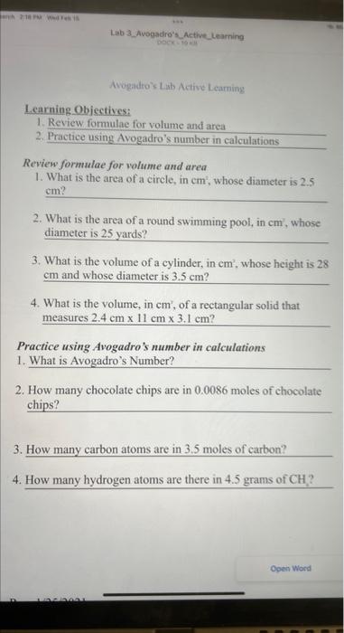Solved Avogadro : Lab Active Leaming Learning Objectives: 1. | Chegg.com