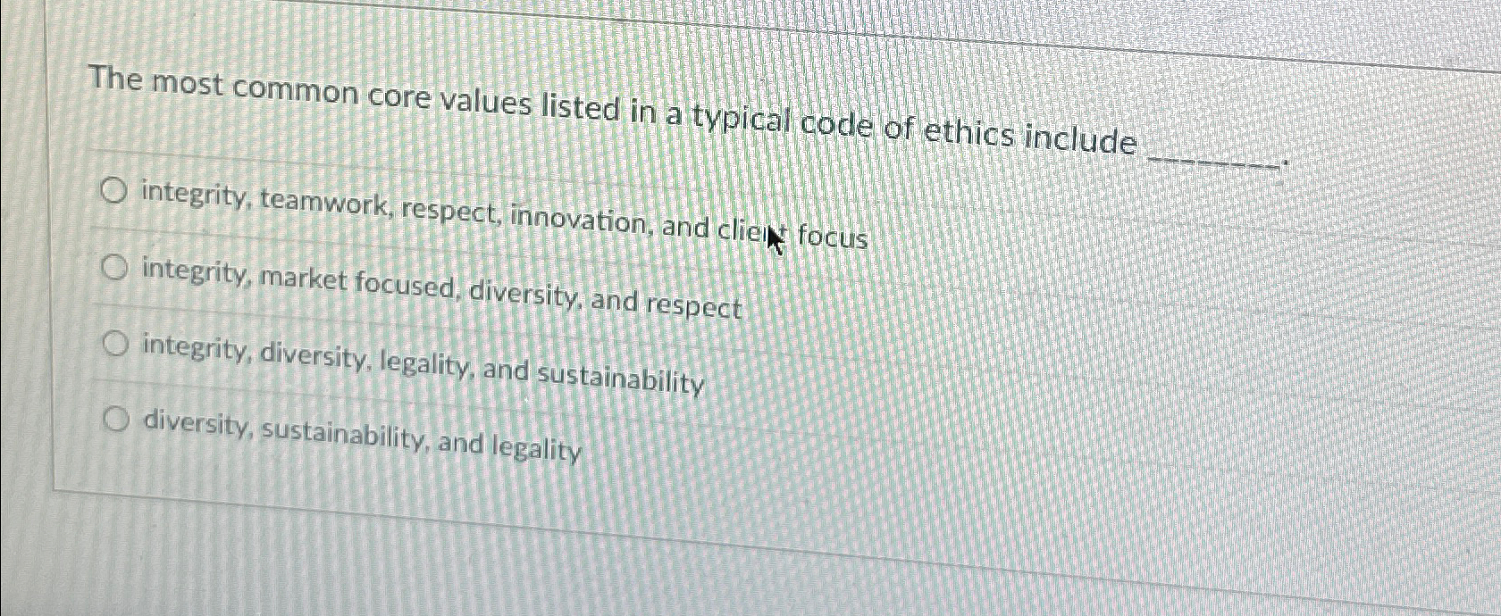 Solved The most common core values listed in a typical code | Chegg.com