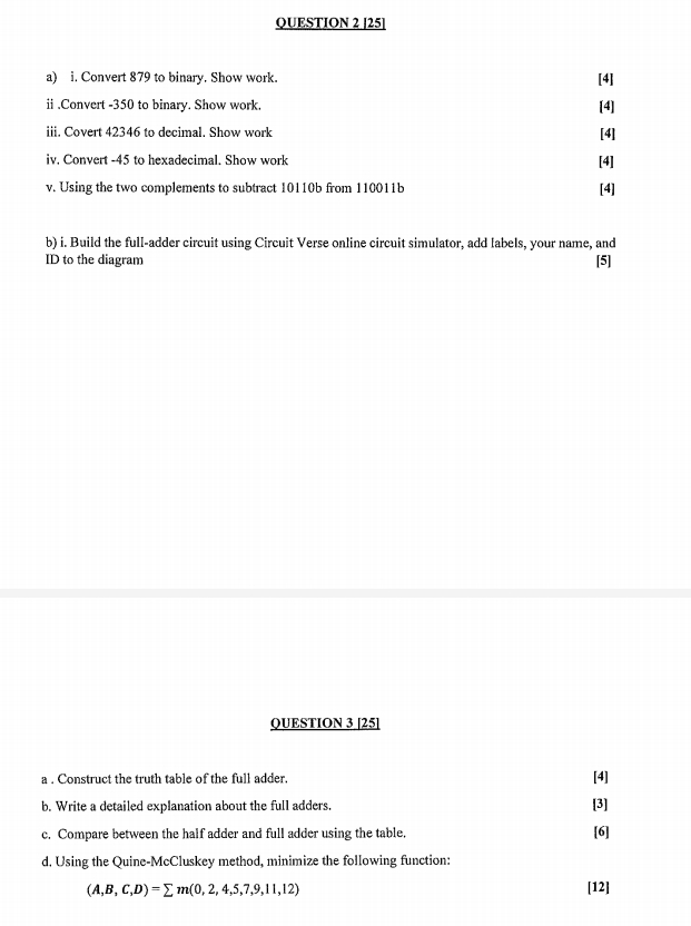 Solved OUESTION 2 [25]a) ﻿i. ﻿Convert 879 ﻿to binary. Show | Chegg.com