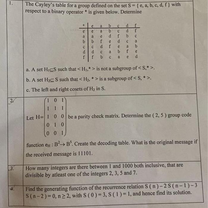 Solved The Cayley's table for a group defined on the set | Chegg.com