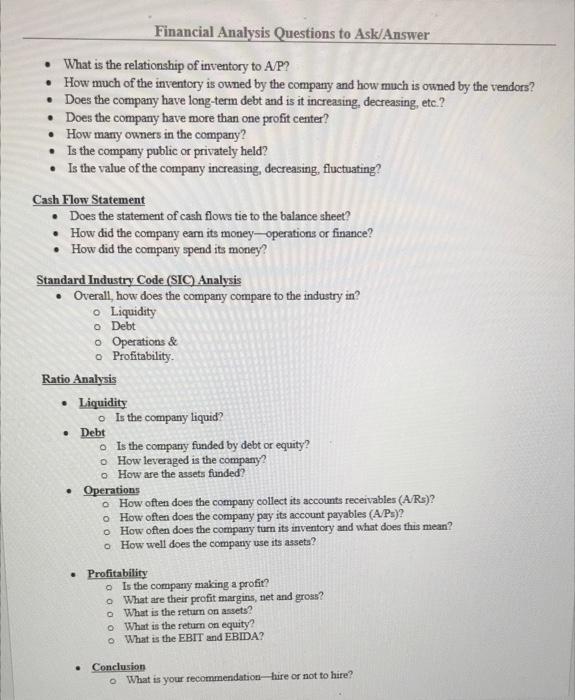 Solved Financial Analysis Questions to Ask/Answer Assume you | Chegg.com