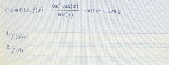 Solved (1 point) Let f(x)=x+5x−5 f′(x)= Find f′(5). | Chegg.com