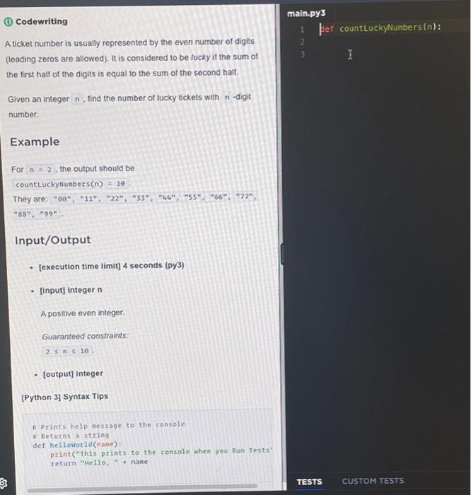 Solved Codewriting 1 main.py3 þef countLuckyNumbers(n): 2 I | Chegg.com
