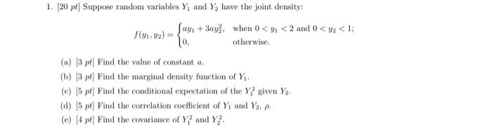 Solved 1. [20pt] Suppose random variables Y1 and Y2 have the | Chegg.com