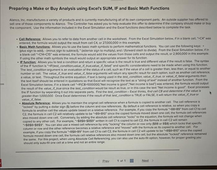 Solved Preparing a Make or Buy Analysis using Excel's SUM, | Chegg.com