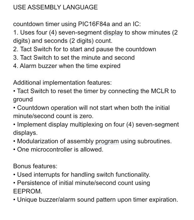 USE ASSEMBLY LANGUAGE countdown timer using PIC16F84a | Chegg.com
