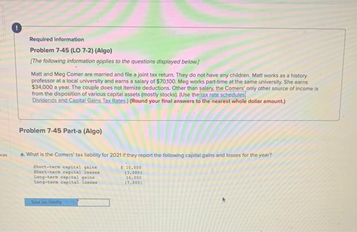 Solved Required information Problem 7-45 (LO 7-2) (Algo) | Chegg.com