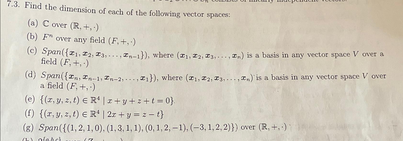 Solved 7.3. ﻿Find the dimension of each of the following | Chegg.com