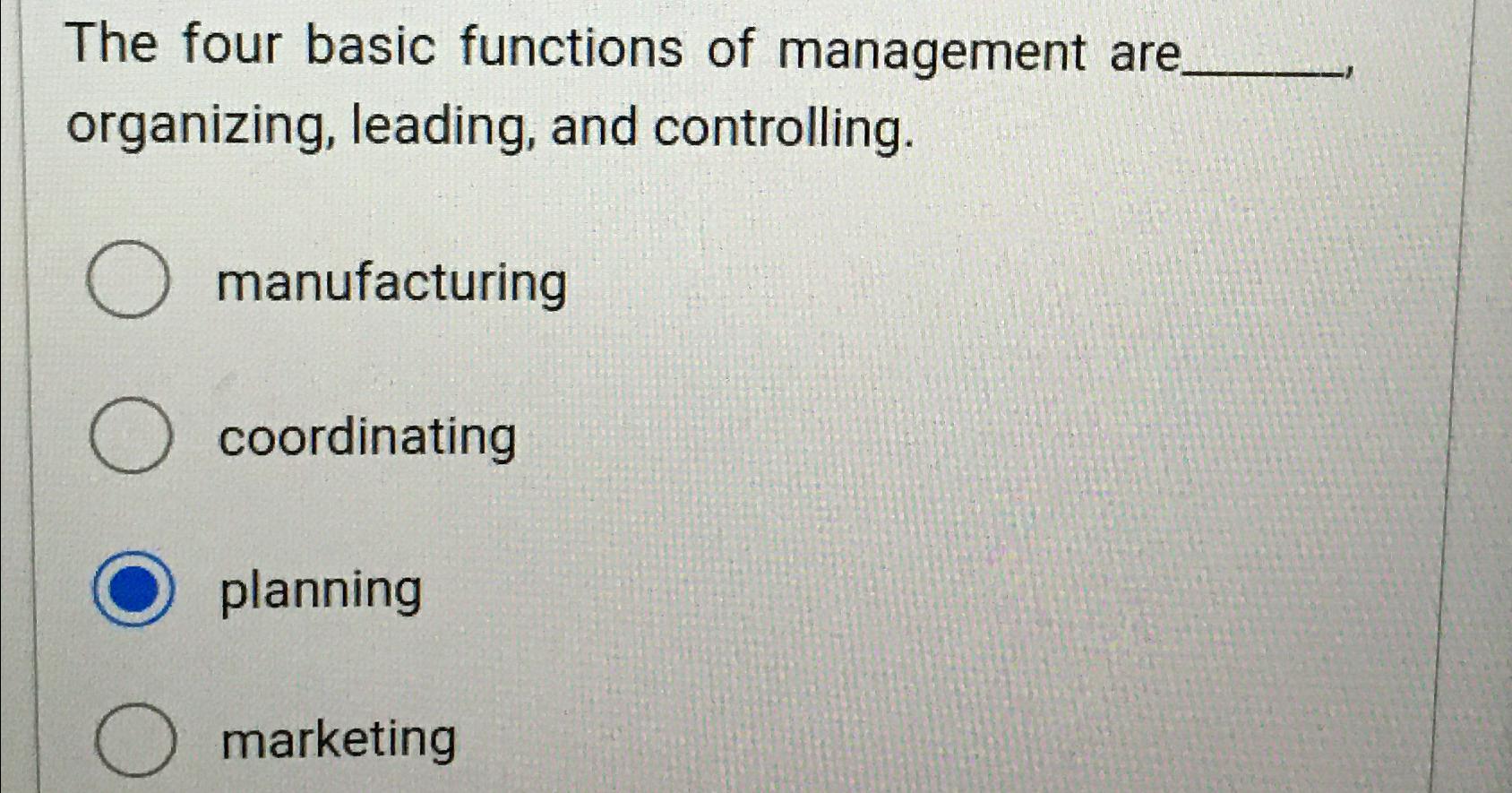 Solved The four basic functions of management are | Chegg.com