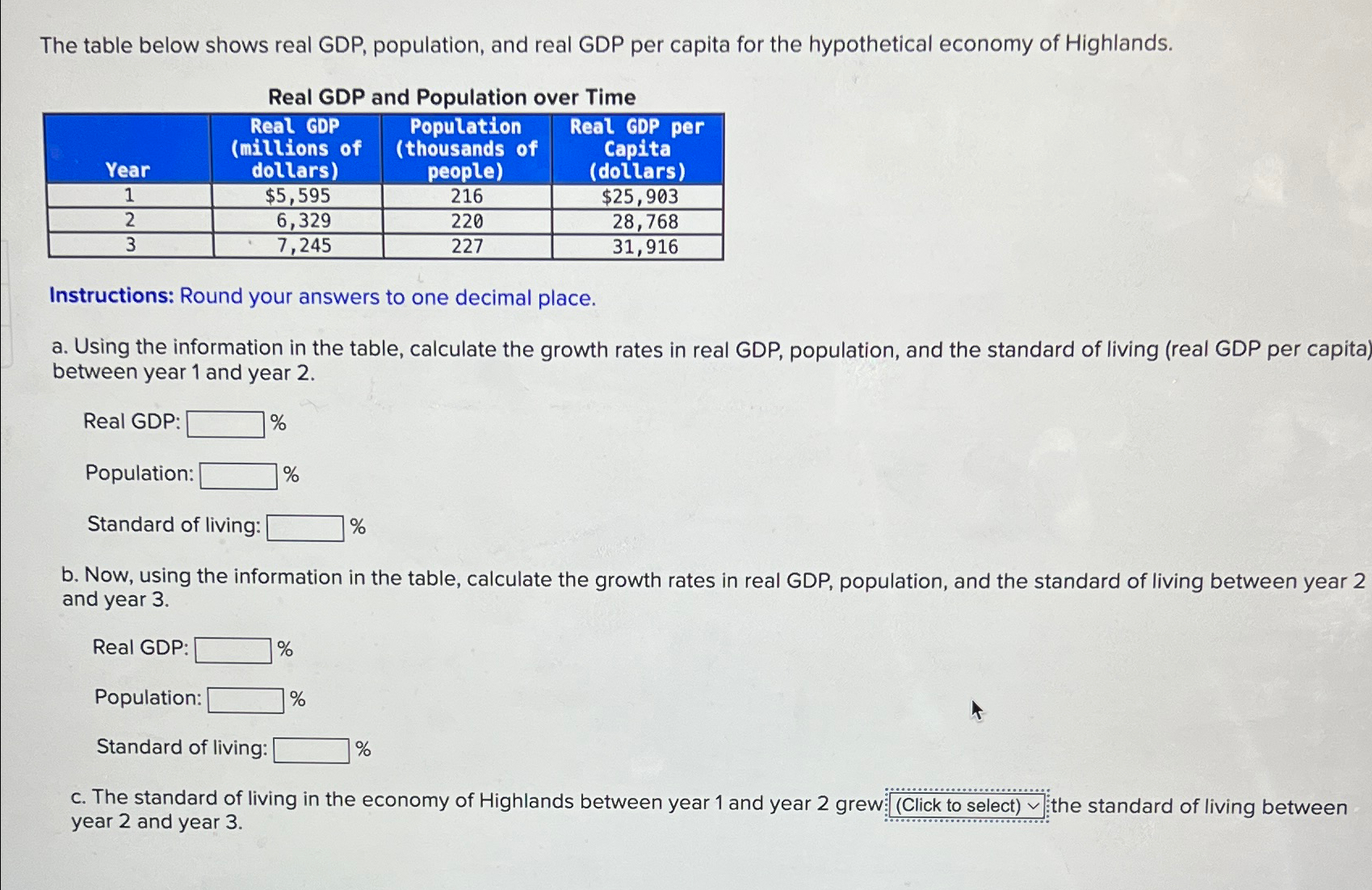 Solved The table below shows real GDP, ﻿population, and real | Chegg.com