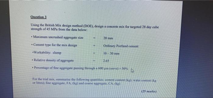 Solved 20 mm Question 3 Using the British Mix design method | Chegg.com
