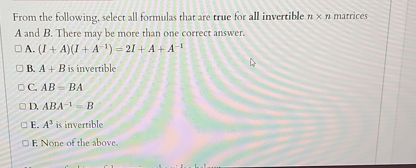 Solved From the following, select all formulas that are true | Chegg.com