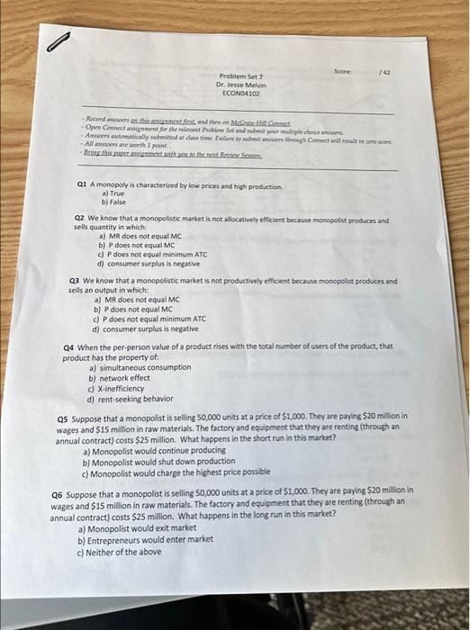 Solved Problem Set 7 Dr. Jesse Melvin ECON04102 Q1 A | Chegg.com