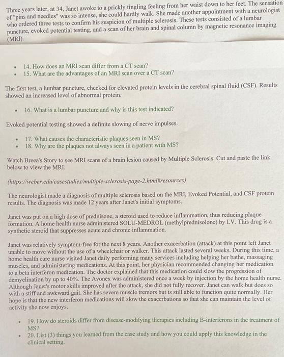 Solved Multiple Sclerosis Case Study Janet, age 22, was | Chegg.com