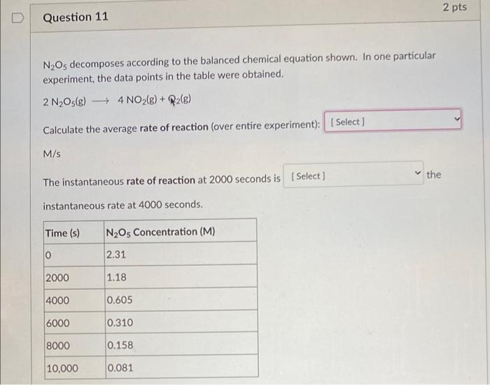 Solved 2 pts Question 11 N2O5 decomposes according to the | Chegg.com