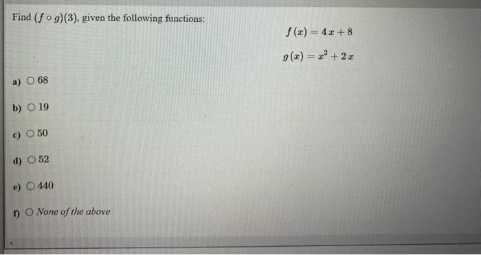 Solved Find (f∘g)(3). given the following functions: | Chegg.com