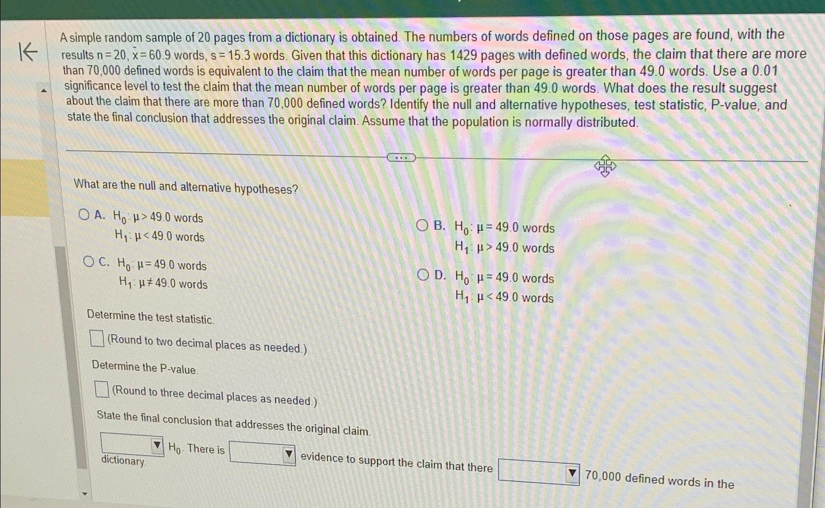A simple random sample of 20 ﻿pages from a dictionary | Chegg.com