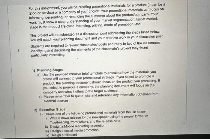 For this assignment, you will be creating promotional | Chegg.com