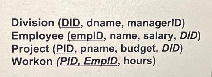 Solved Division (DID, dname, managerID) Employee (emplD, | Chegg.com