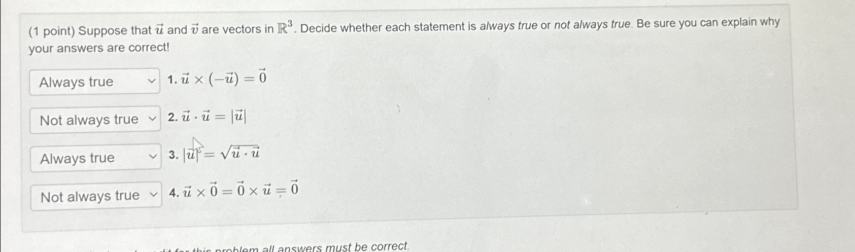 Solved (1 ﻿point) ﻿Suppose that vec(u) ﻿and vec(v) ﻿are | Chegg.com
