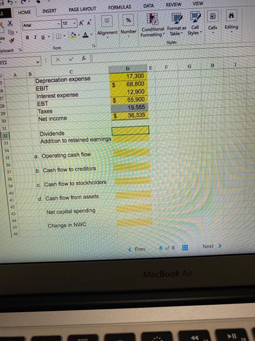 Solved Calculating total cash flows - Excel FORMULAS DATA | Chegg.com