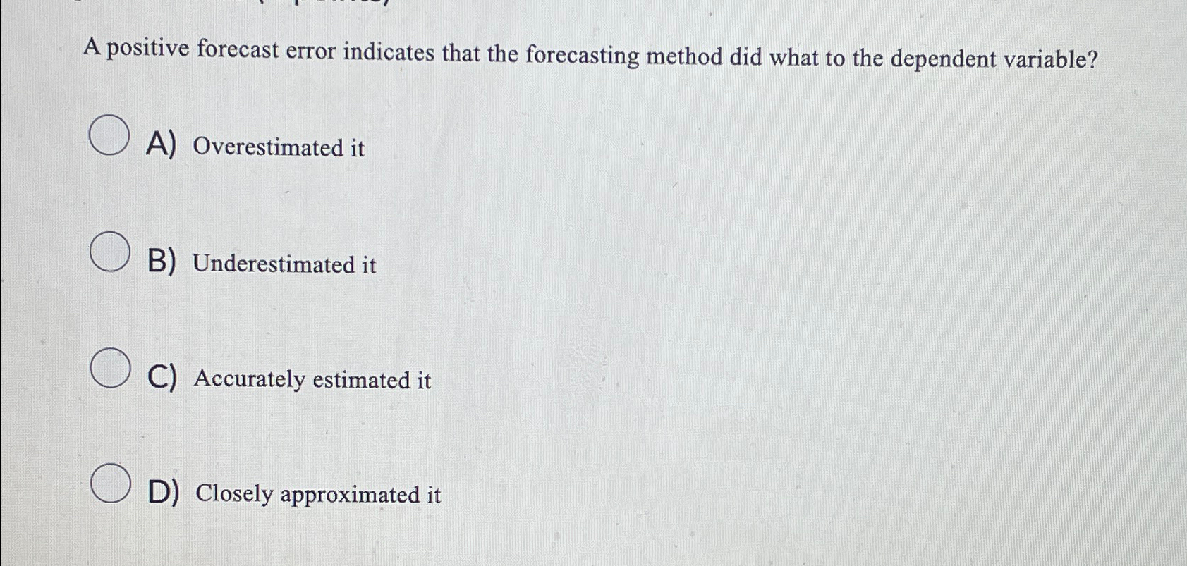 Solved A positive forecast error indicates that the | Chegg.com