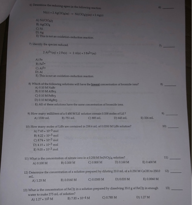 Solved 6) Determine the reducing agent in the following | Chegg.com