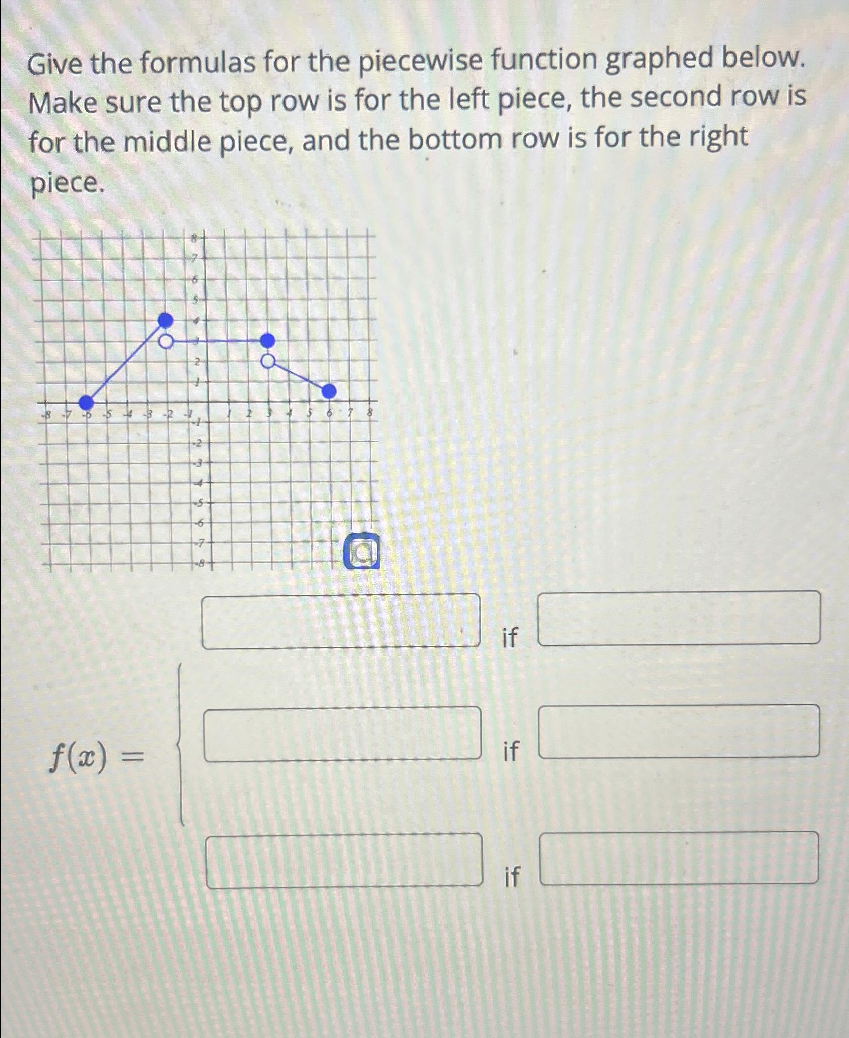 Solved Give the formulas for the piecewise function graphed | Chegg.com