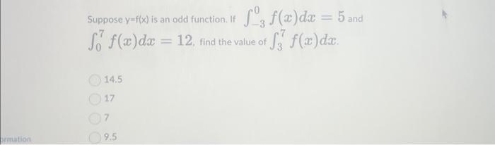 Solved Suppose y=f(x) is an odd function. If ∫−30f(x)dx=5 | Chegg.com