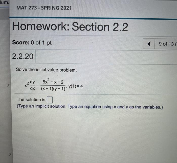 Solved lum. MAT 273 - SPRING 2021 Homework: Section 2.2 | Chegg.com