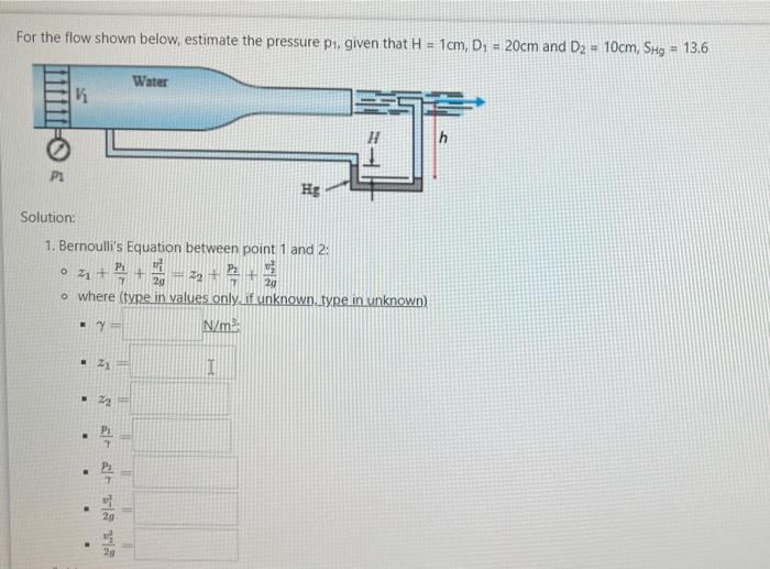 Solved For the flow shown below, estimate the pressure p1, | Chegg.com