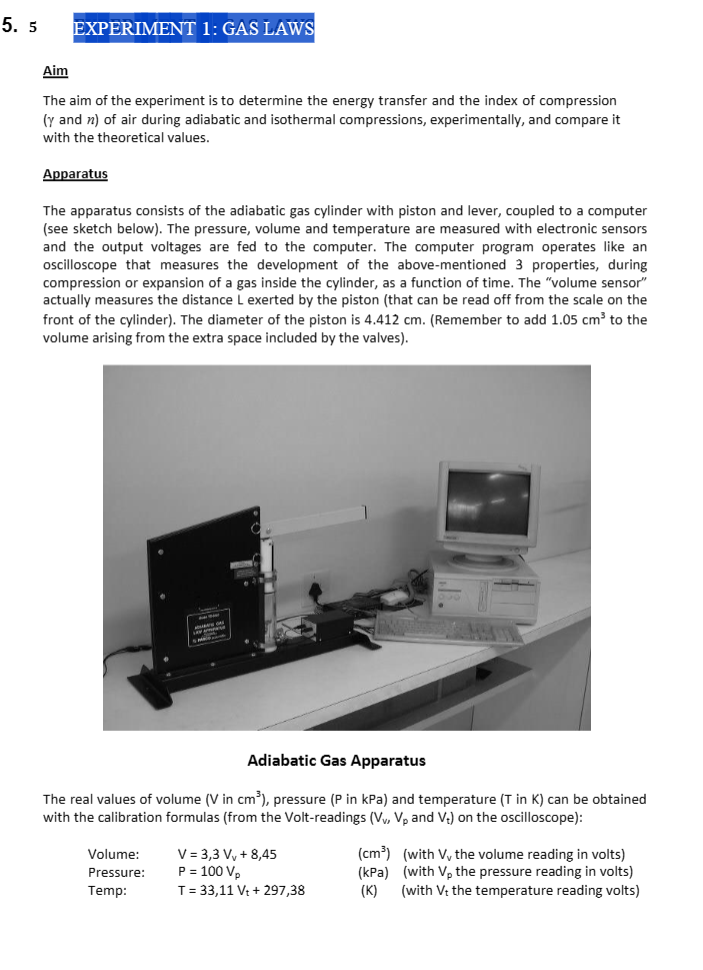 Solved 5EXPERIMENT 1: GAS LAWSAimThe aim of the experiment | Chegg.com