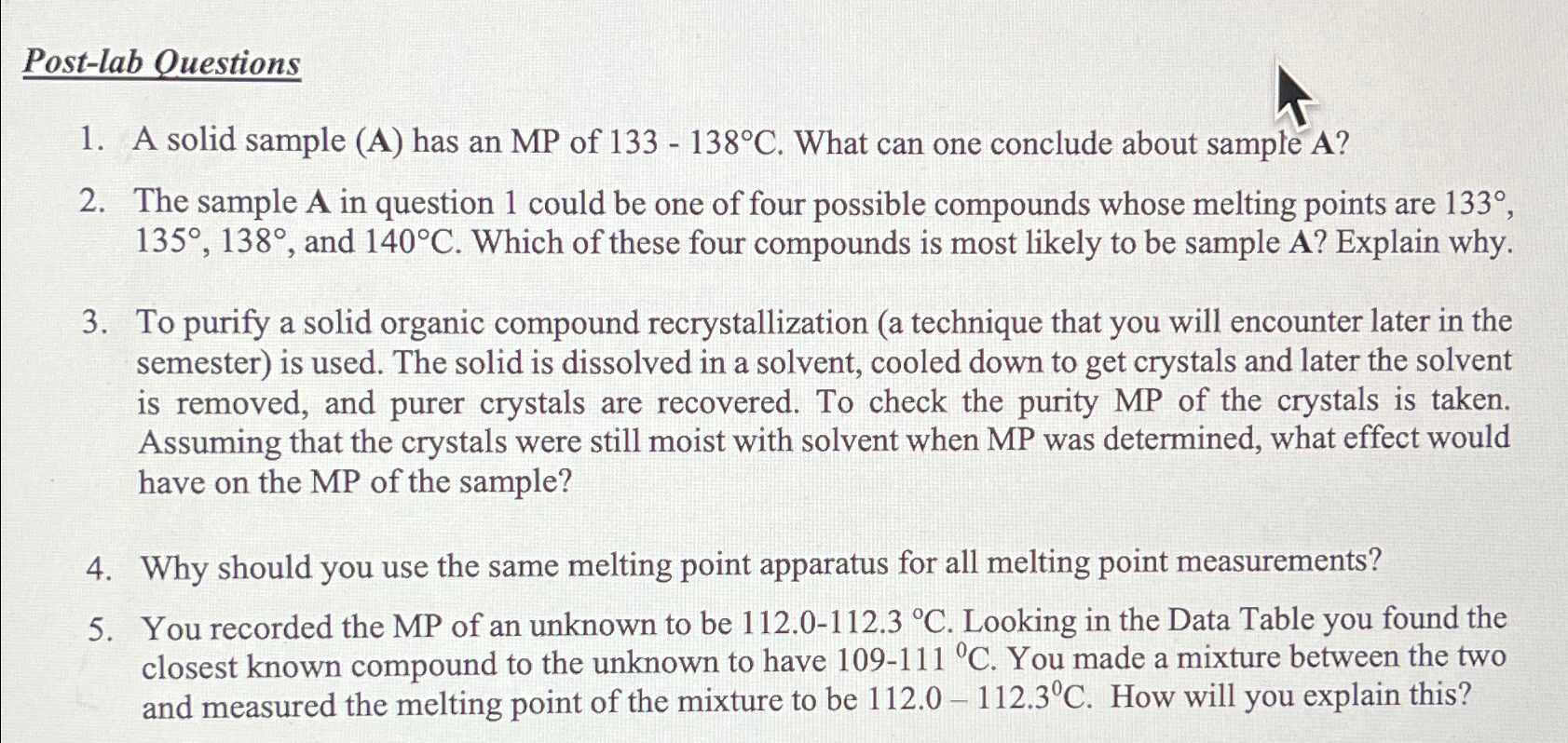 Solved Post-lab Questions ?()A solid sample (A) ﻿has an MP | Chegg.com