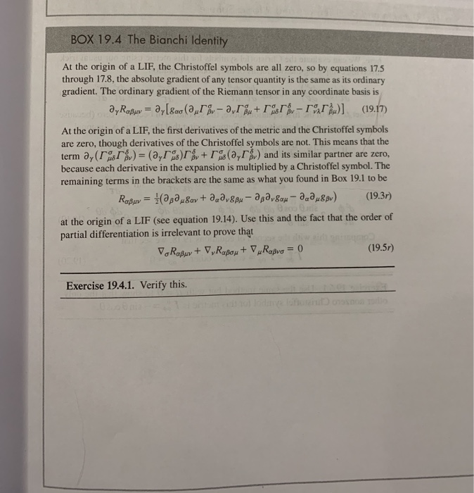 Solved BOX 19.4 The Bianchi Identity At the origin of a LIF, | Chegg.com