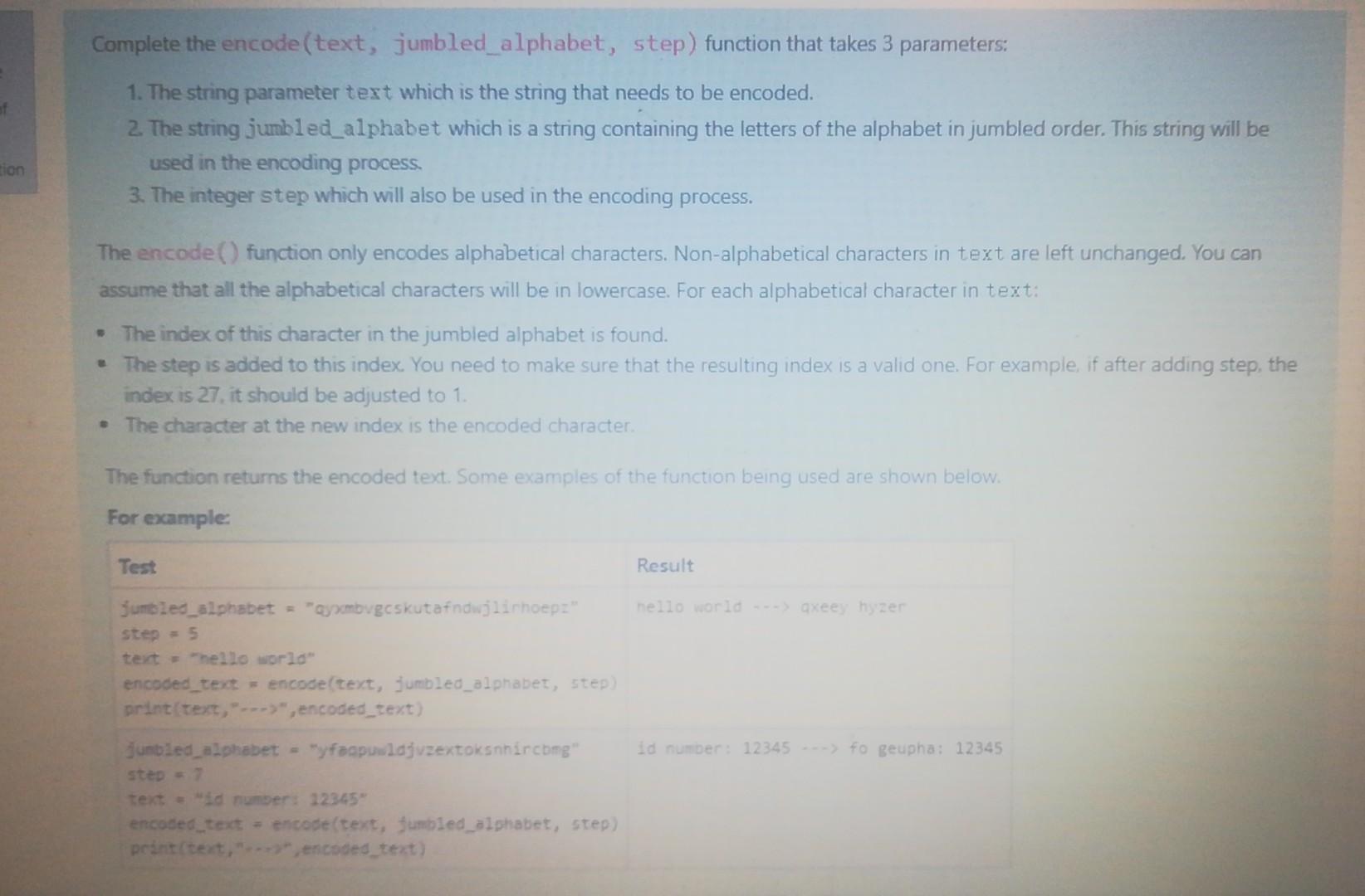 Solved Complete the encode(text, jumbled_alphabet, step) | Chegg.com