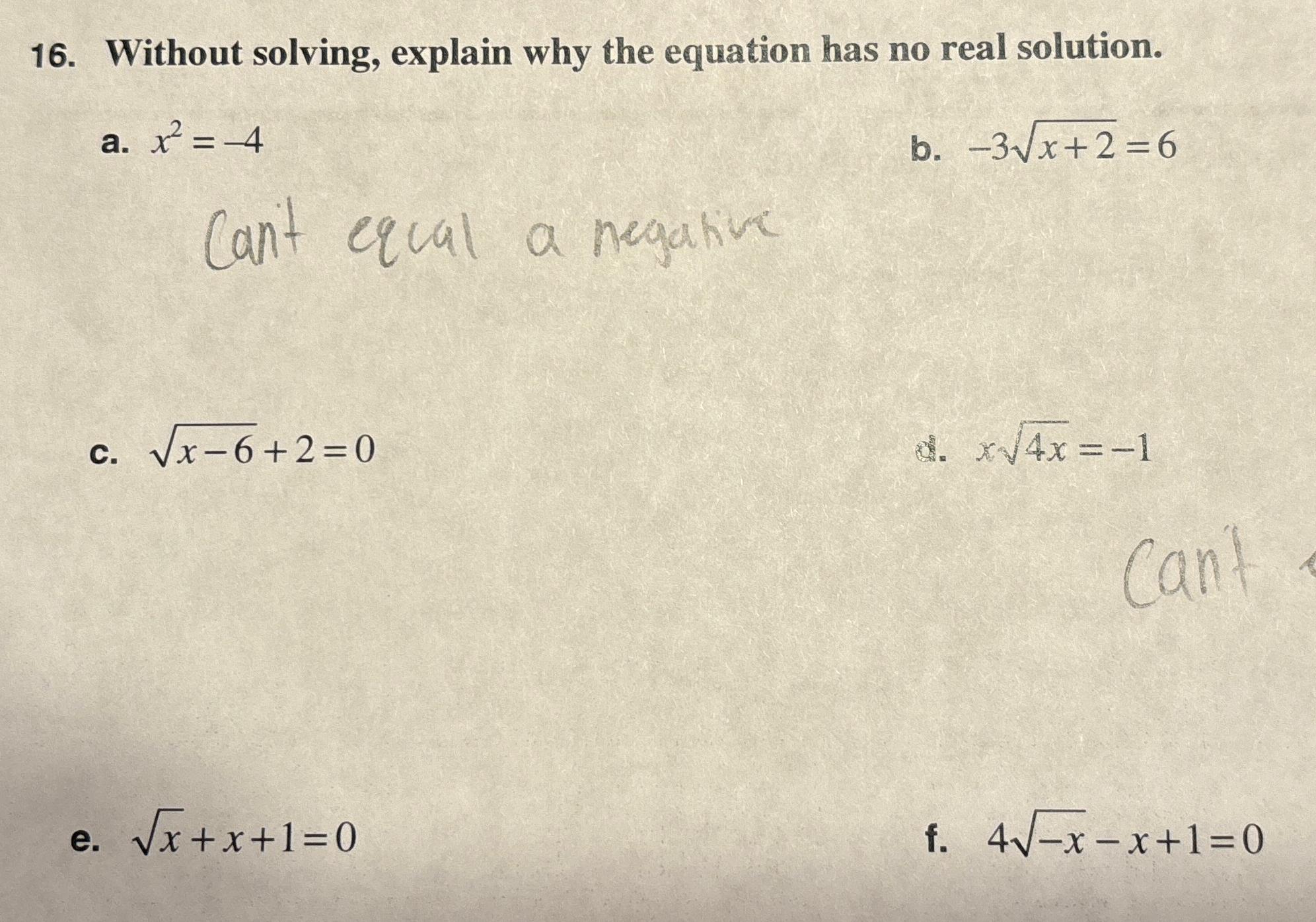 Solved Without solving, explain why the equation has no real | Chegg.com