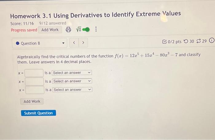 Solved Homework 3.1 Using Derivatives to Identify Extreme | Chegg.com