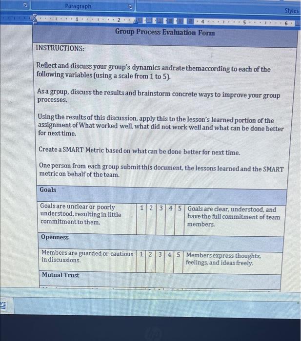 Paragraph Styles 1.2. Group Process Evaluation Form | Chegg.com