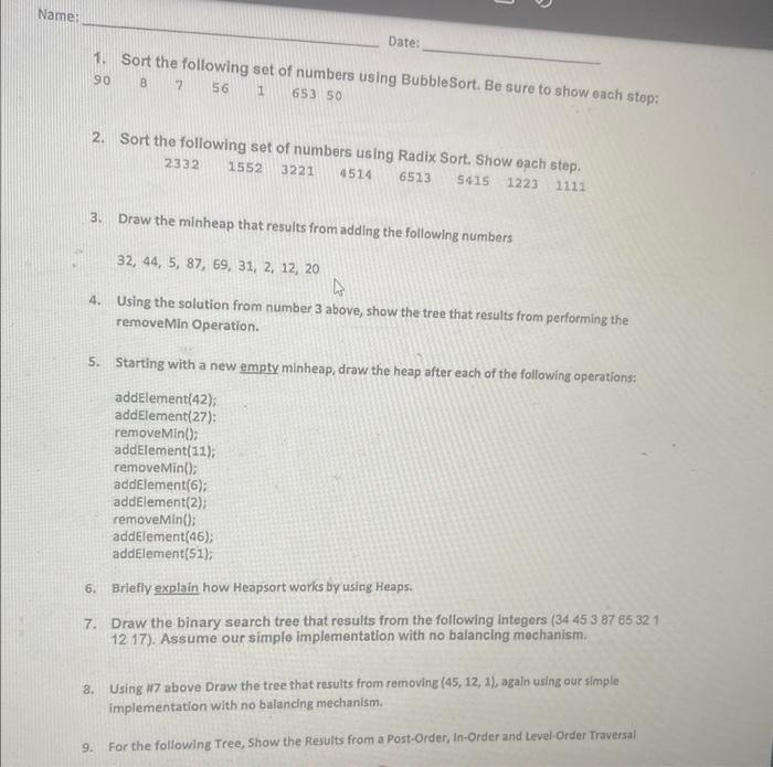Solved 1. Sort the following set of numbers using | Chegg.com